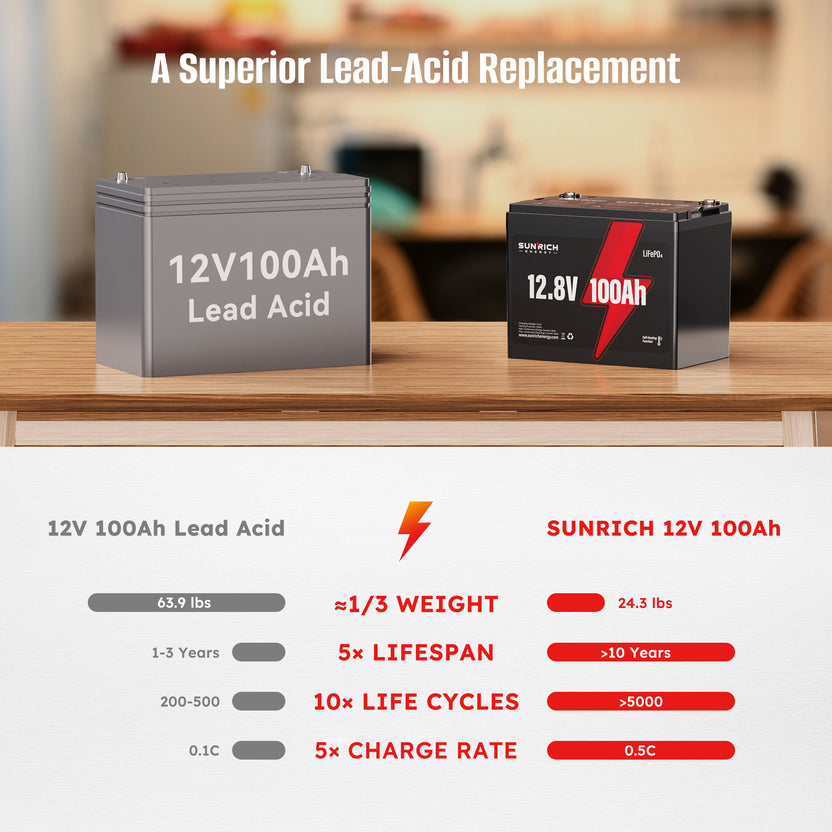 12.8V 100Ah Group 24 Lithium Iron Phosphate Battery | SUNRICH ENERGY 1280Wh Heated LiFePO4 ...